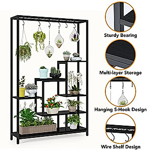 Tribesigns 5-Tier Tall Indoor Plant Stand, 70.9 inches Large Metal Plant Shelf with 6PC S Hanging Hooks, Multi-Purpose Flower Bonsai Pots Display Rack for Indoor, Garden, Balcony, Living Room, Black