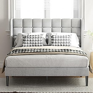 HAOARA Queen Bed Frame with Headboard and Upholstered Wingback, Modern Platform Bed Frame, Mattress Foundation Wooden Slats Support, No Box Spring Needed, Easy Assembly, Light Grey