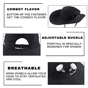 Muryobao Womens Outdoor Sun Hat Ponytail UV Protection Wide Brim Mesh Foldable Safari Beach Fishing Bucket Cap 2 Pack Black & Grey