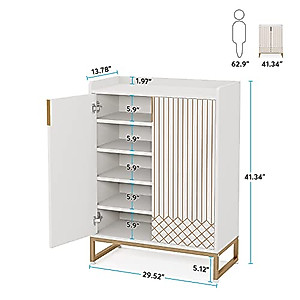 Tribesigns Shoe Cabinet, 25 Pairs Shoe Cabinets with Doors, White 5-Tier Wood Shoes Rack Organizer for Entryway, Freestanding Shoe Storage Cabinet with Gold Metal Frame for Bedroom Hallway Living Room