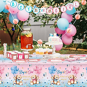 Capoda 3 Pcs Bear Baby Shower Tablecloths Bear Gender Reveal Table Covers Rectangle Plastic Bear Table Cloths for Bear Baby Shower Gender Reveal Party Decorations, 54 x 108 Inch, Blue Pink