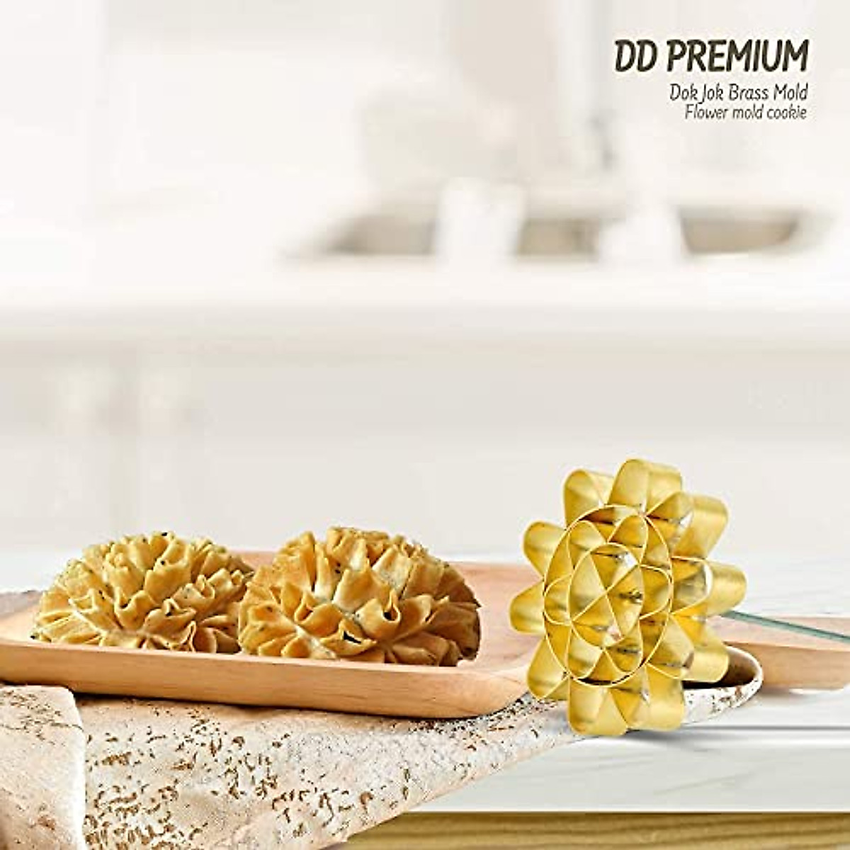 Dok Jok Brass Mold Thai Dessert Maker - Large Rosette Lotus Flower Cookie Mold with Handle Diameter By DDPremium 4.13 Inch