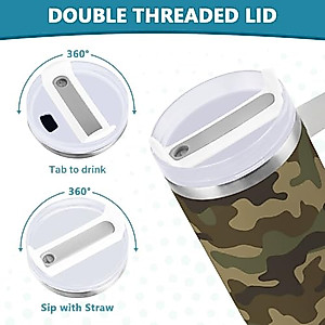 GKCLOCK 40 oz Tumbler with Handle and Straws, Insulated Reusable Stainless Steel Travel Coffee Mug Water Bottle for Office & Outdoor, Cupholder Friendly (Green Camouflage Style)