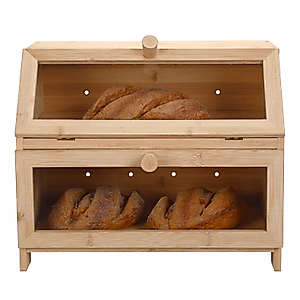 Bread Box Double Layer Bread Box for Kitchen Countertop Bamboo Bread Storage Container Bread Holder for 2 Large Loaves of Bread