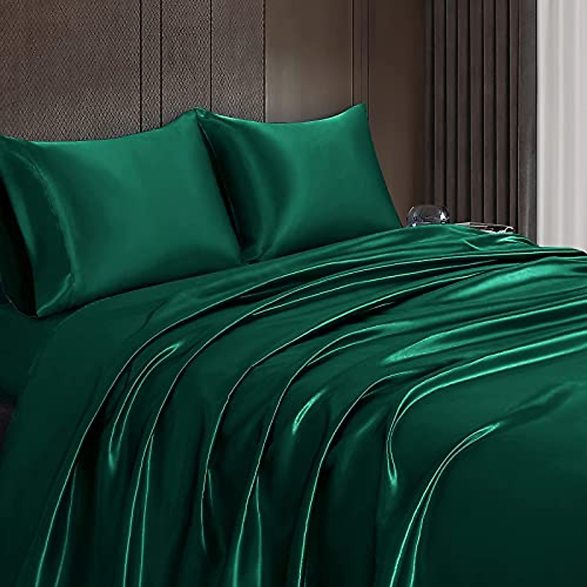 Homiest 4pcs Satin Sheets Set Luxury Silky Satin Bedding Set with Deep Pocket, 1 Fitted Sheet + 1 Flat Sheet + 2 Pillowcases (Queen Size, Blackish Green)