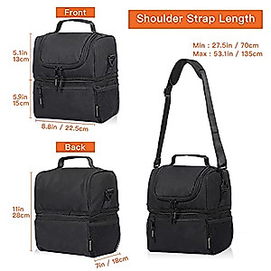 Insulated Lunch Box - Dual Compartment Large Adult Lunch Bag with Sturdy Support & Adjustable Shoulder Strap, Mens Womens Reusable Leakproof lunch Cooler Bags for Work, School, Outdoor, Picnic (Black)