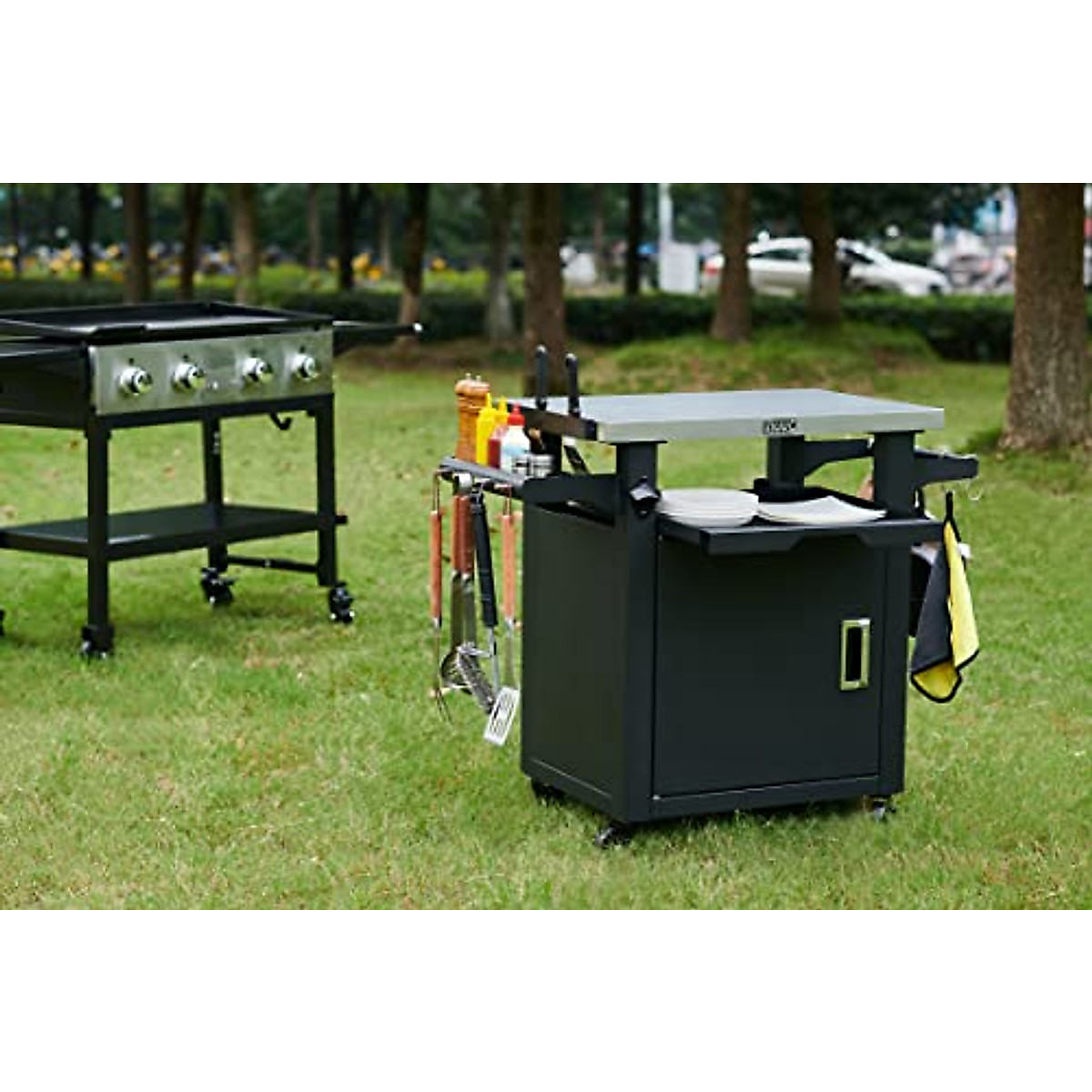 NUUK Deluxe Outdoor Rolling Prep Station, 20" x 30" Stainless Steel Kitchen Storage Island with Enclosed Cabinet and Storage Drawer