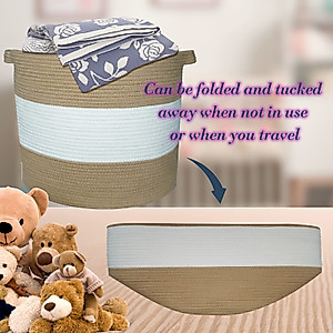 QDSTCKJ Extra Large Blanket Basket Living Room, Brown-white Laundry Basket,16”x 20.3”,Large Cotton Rope Basket for Storage