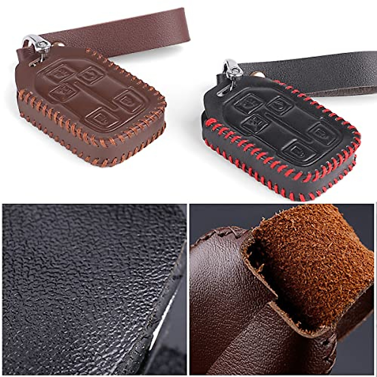 FENGRUISI 2Pcs Genuine Leather Smart Key Keyless Remote Entry Fob for or 2019-2021 Chevrolet Silverado 1500, 2500, 3500, 2019-2021 GMC Sierra (Brown/black)