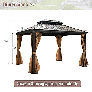 Sophia & William10' x 12' Hardtop Gazebo with Galvanized Aluminum Vented Top and Frame, Double Roof Outdoor Canopy Tent Shelter with Mosquito Netting and Curtains for Patio Yard