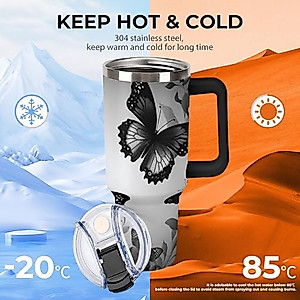 Black Gray Butterflies Insulated Stainless Steel Travel Mug, 40 Oz Tumbler with Handle And Straw Double-Wall Vacuum Coffee Cup, Leak-Proof Lid, Keeps Drinks Hot/Cold for Hours