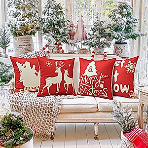 OTOSTAR Christmas Decorations Red Christmas Waterproof Pillow Covers 18 x 18 Inches Set of 4 Outdoor Merry Christmas Tree Deer Throw Pillow Covers Xmas Series Cushion Case Garden Pillowcase for Sofa