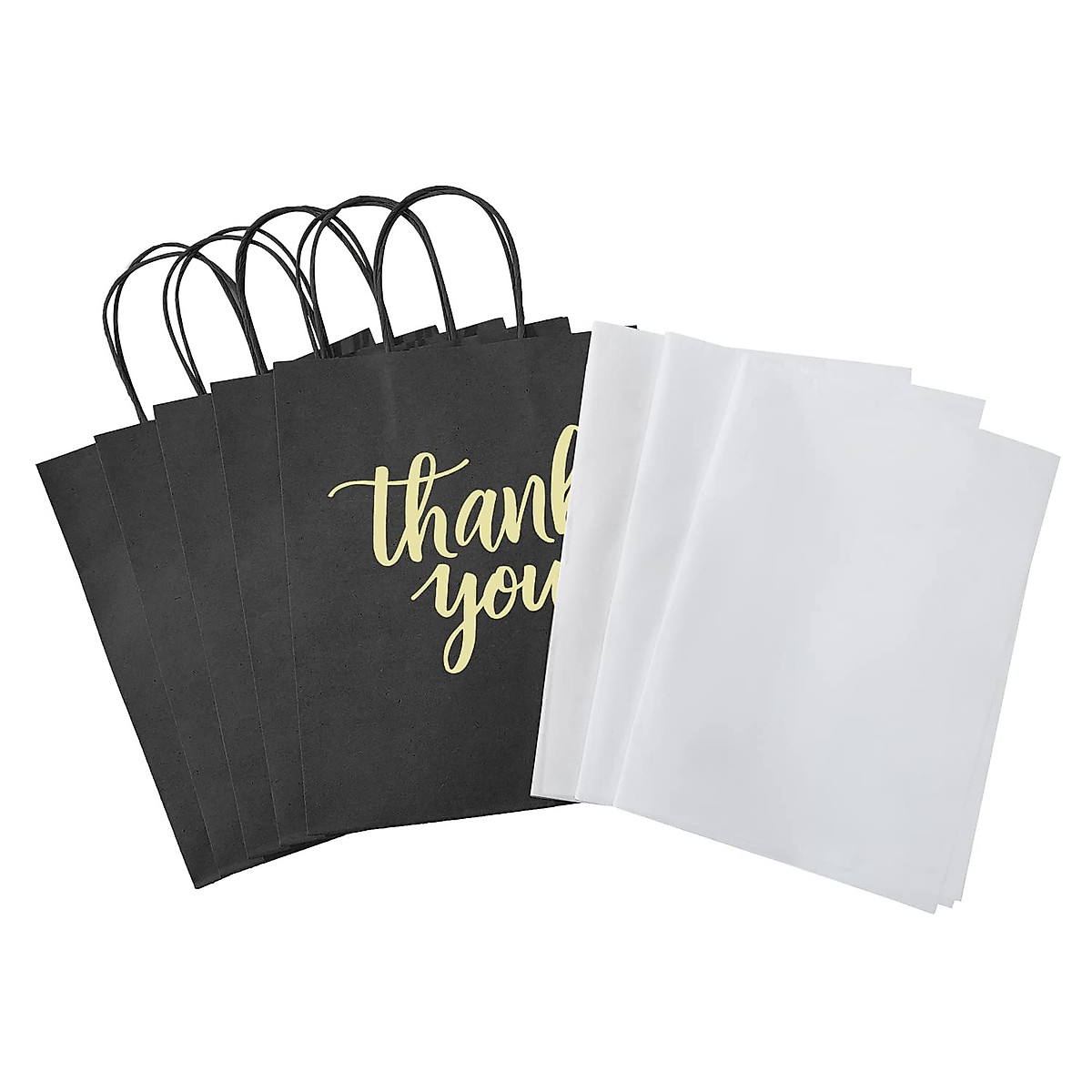 DjinnGlory 50 Pack Medium Black Thank You Paper Bags with Handles and 24 Sheet White Tissue Paper for Small Business, Shopping, Wedding, Baby Shower, Party Favors (Medium 10''x8''x4'', Black)