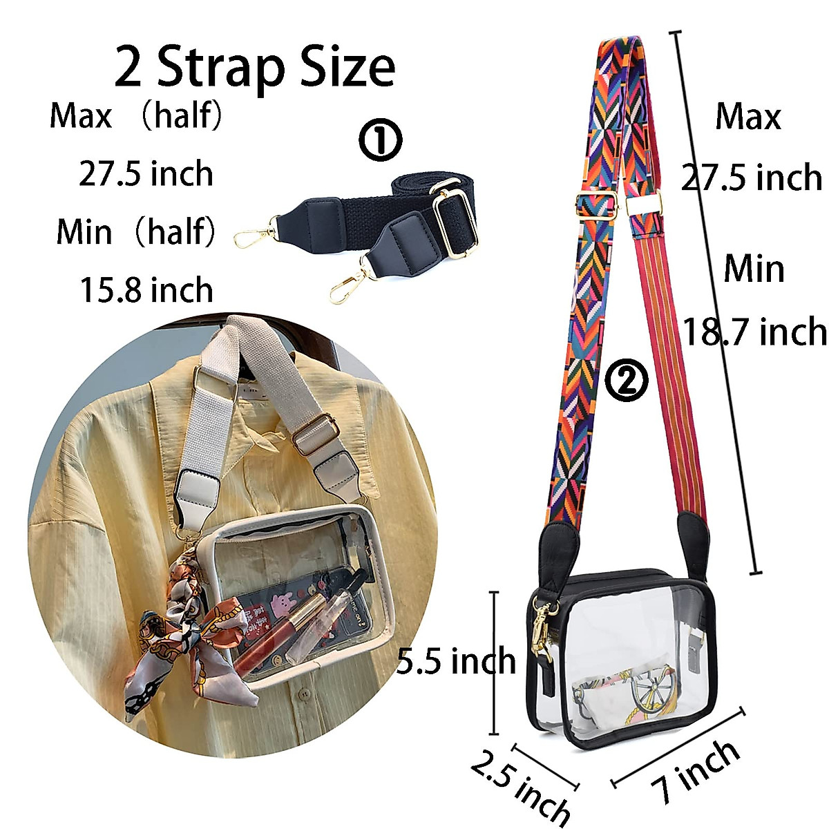 KlaOYer 2 Adjustable Strap PVC Clear Crossbody Bags with Silk, Stadium Approved Transparent Shoulder Bag Handbag Small Square Phone Bag Zipper Purse (Black 1)