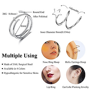 ZELORES 20Pcs 20G Double Hoop Nose Ring L Shaped Nose Studs 316L Stainless Steel Piercing Jewelry Small Nose Studs Spiral Nose Rings for Women Men Silver Rose Gold Balck (Set1)