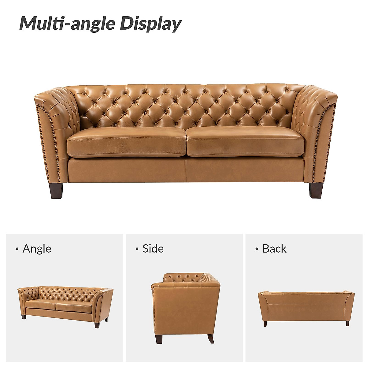 HULALA HOME Tufted Genuine Leather Sofa Couch 2-Seater Chesterfield Sectional Sofa for Living Room, Camel