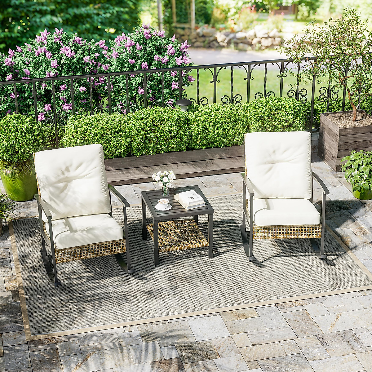 SDMY Rocking Bistro Set, Outdoor Wicker Furniture Sets, Patio Conversation Furniture Set with 2 Rockers and 1 Metal Coffee Table with Thick Cushions, Poolside, Garden, White