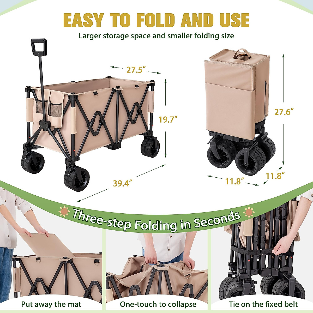 Devoko Collapsible Folding Wagon, 200L Outdoor Heavy Duty Beach Garden Wagon Cart with Big Wheels for Sand, Grocery Cart on Wheels, Beige