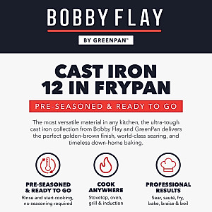 GreenPan x Bobby Flay 12” Cast Iron Pre-Seasoned Skillet with Helper Handle, Professional Grade Heavy Duty, Induction Suitable, Versatile Stovetop, Oven, BBQ, Fire & Grill, Indoor/Outdoor Use, Black