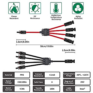 Solar Y Connector 12AWG Solar Panel Y Cable,4 mm²1 Pair Solar Panel Parallel Connectors 1 to 4 Solar Connector Solar Cable Wire Plug Tool Kit for Solar Panel