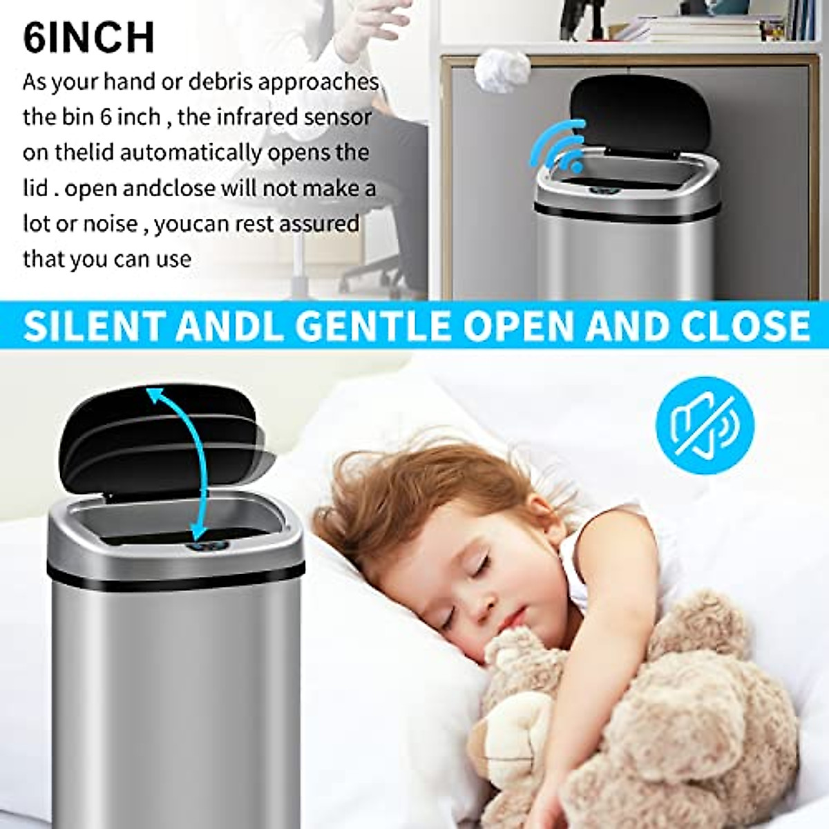 Bigacc 13 Gallon Touch-Free Automatic Stainless-Steel Trash Can Garbage Can Metal Trash Bin with Lid for Kitchen Living Room Office Bathroom, Electronic Motion Sensor Automatic Closure & Opening