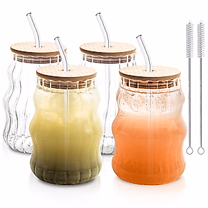 4 Pcs Ribbed Glass Cups With Straws With Lids Set, Water Glasses Set, 18Oz Vintage Drinking Glassware With Wave Shape Design, Bubble Cups for Iced Coffee, Beverage, Milk, Cocktails (18 OZ -A)