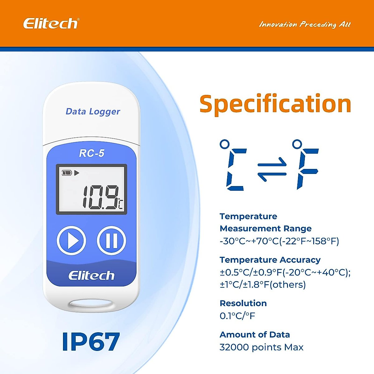 Elitech RC-5 USB Temperature Data Logger Recorder 32000 Points High Accuracy