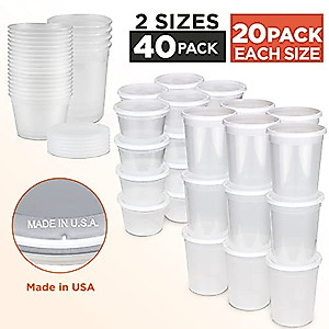 [40 Pack] Food Storage Containers with Lids, Round Plastic Deli Cups, US Made, 16 and 32 oz, Cup Pint Quart Size, Leak Proof, Airtight, Microwave & Dishwasher Safe, Stackable, Reusable, White