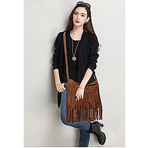 Maxzoom Womens Hippie Suede Fringe Tassel Messenger Bag Hobo Shoulder Bags Crossbody Handbag (brown)