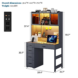 WOOVIVS LED Study Desk with Hutch and Drawer, Home Office Desk with Outlet, Computer Desk with USB Charging Station, Writing Desk for Bedroom, Workstation for Small Space (Grey)