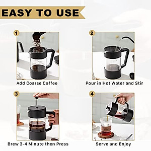 LVVMET French Press Coffee Maker 12oz/350mL, 304 Stainless Steel Filters and Thicken Borosilicate Glass, Black