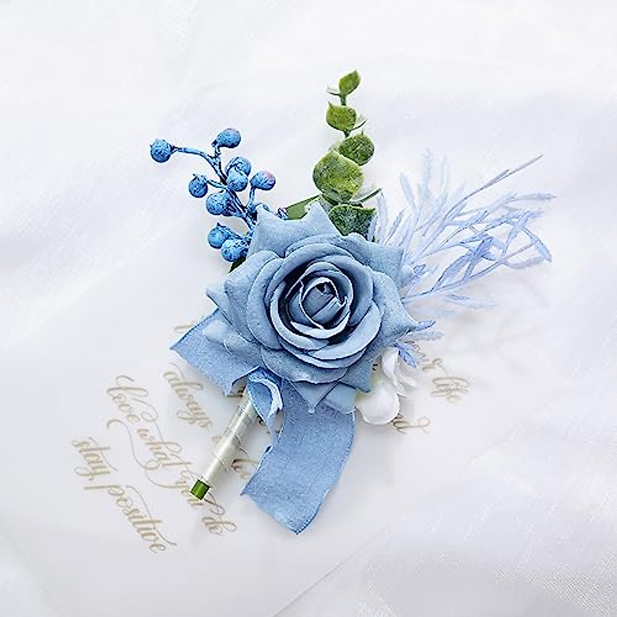 AJOYEGG Wrist Corsage and Boutonniere Set: Corsage Wristlet Band Bracelet Flower and Men Boutonniere Rose Flower Set for Wedding Prom Suit Decoration(Dusty Blue)