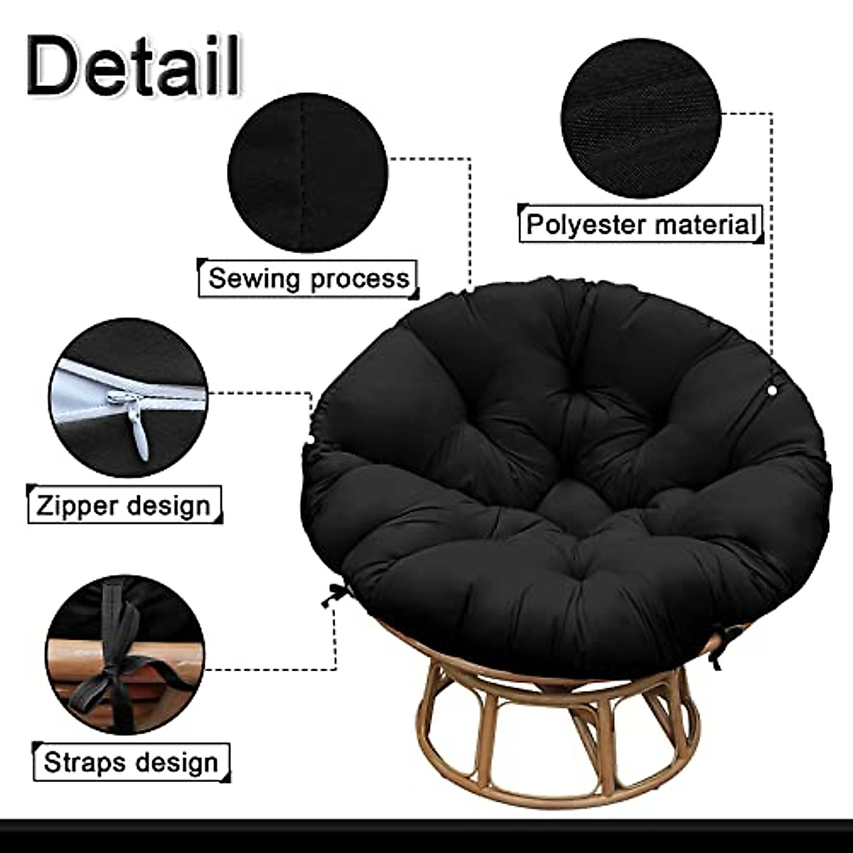 HILUHIDI Papasan Chair Cushion Only 52 inch, 13.23lbs Overstuffed Round Papasan Chair Cushion Only, Thicken Papasan Seat Cushion for Relaxing (Black)