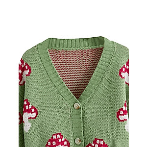 SweatyRocks Girl's Cute Graphic Print V Neck Sweater Button Down Knitted Cardigan Top Green 11-12Y