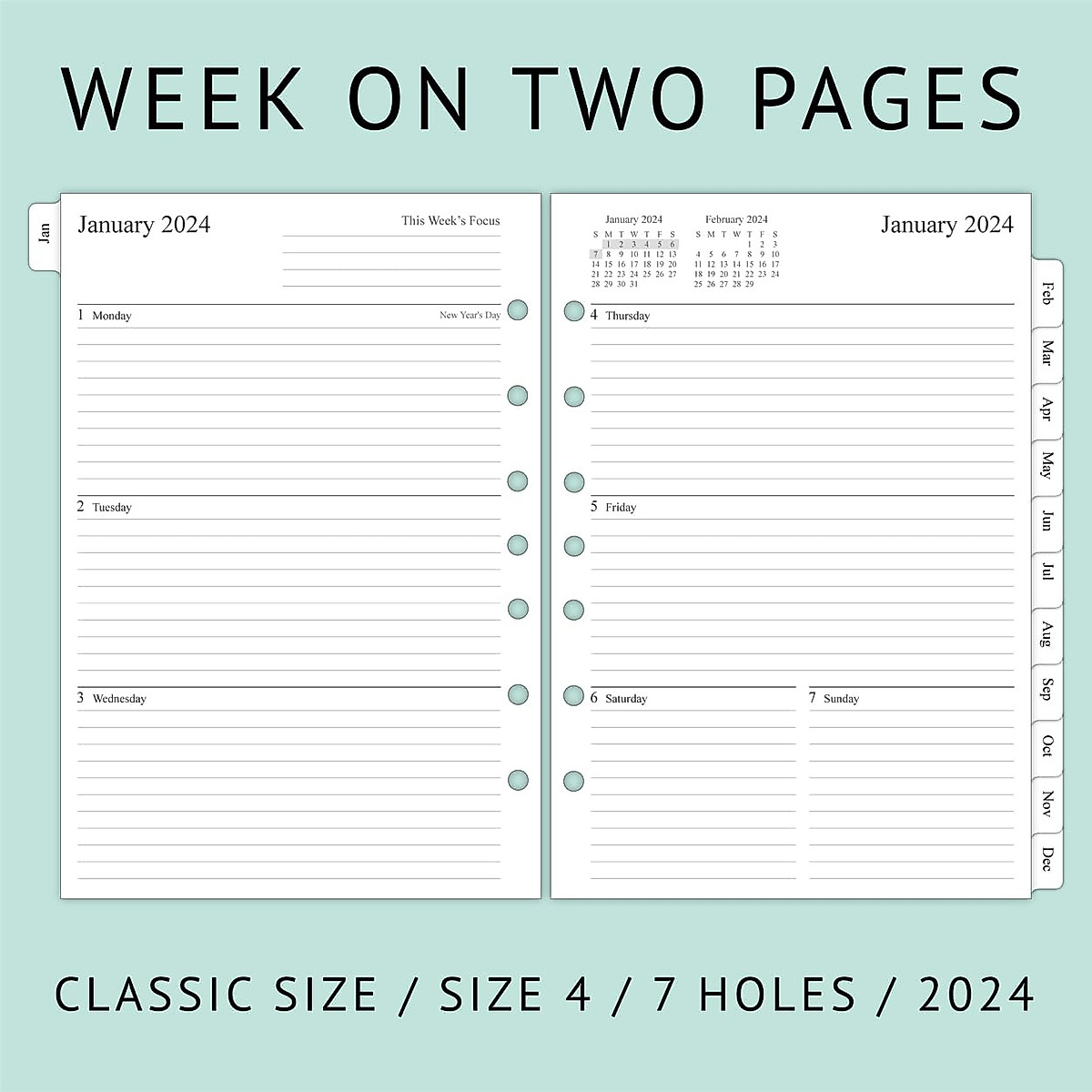 2024 Weekly & Monthly Planner Refill, 5-1/2" x 8-1/4", Runs from January 2024 to December 2024, Ruled Daily Boxes, Classic/Desk Size 4, 7-Hole Punched