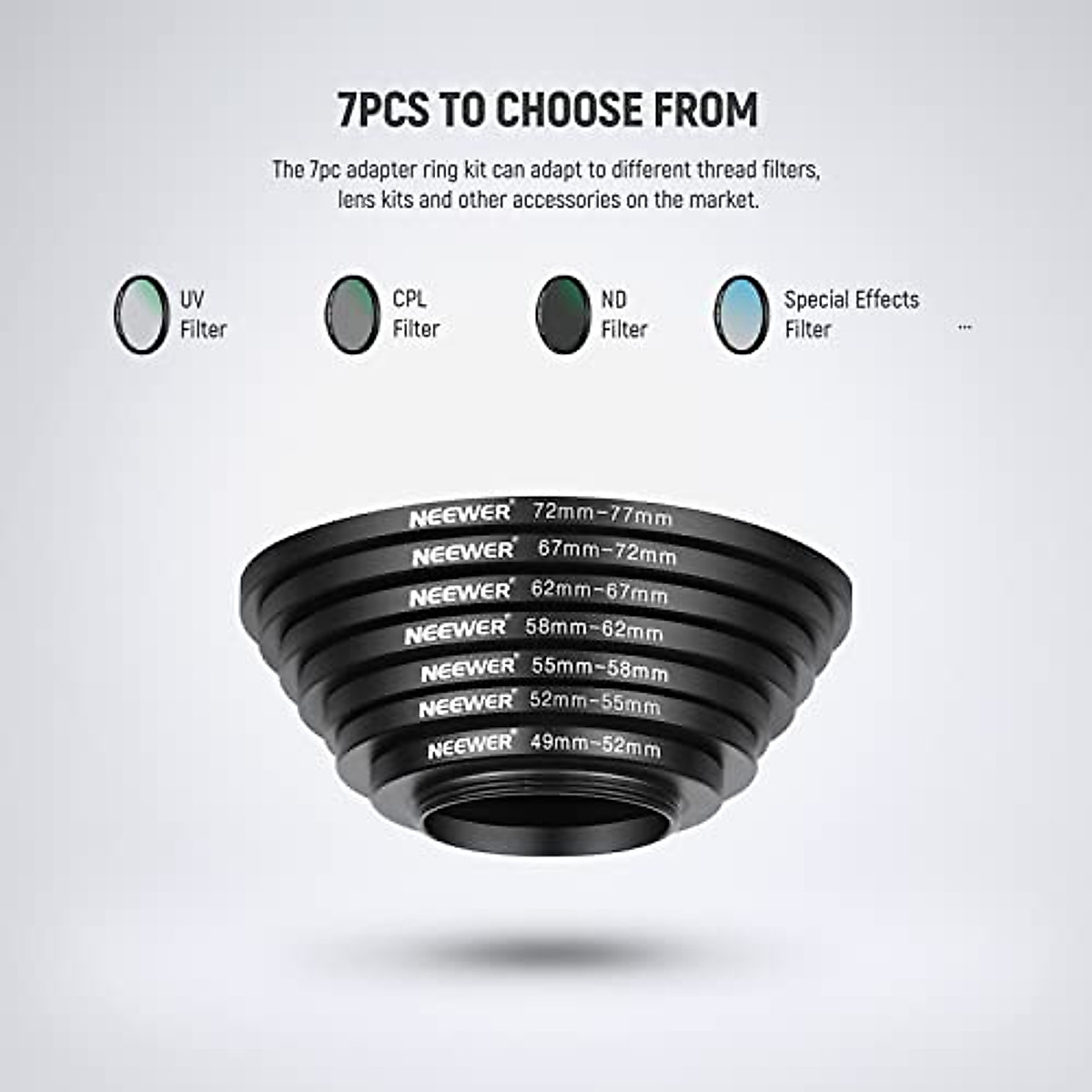 NEEWER 7PCS Step Up Rings Filter Adapter, 49-52mm, 52-55mm, 55-58mm, 58-62mm, 62-67mm, 67-72mm, 72-77mm Threaded Premium Anodized Aluminum Frame
