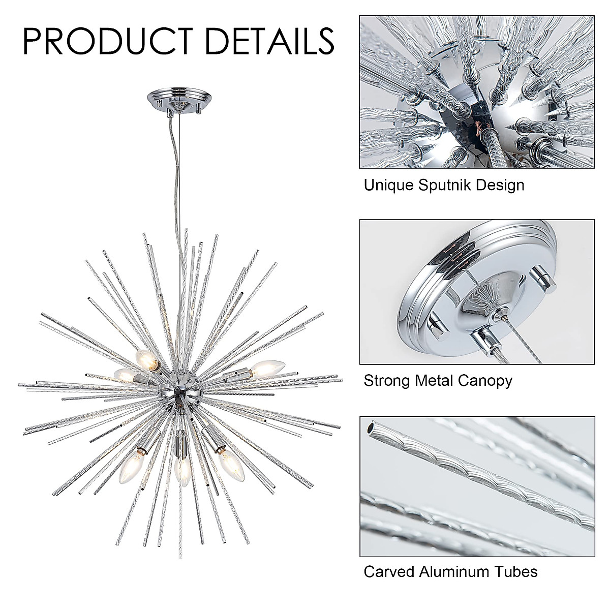 Modern Chrome Sputnik Chandeliers,6-Light Starburst Firework Ceiling Lights Dining Room Chandelier Light Fixture for Living Room, Bedroom, Kitchen, Entryway, Foyer,Dia 25",E12 Sockets