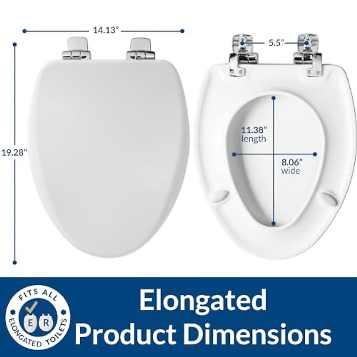 Bemis 19170CSLA 000 Alesio Toilet Seat with Chrome Hinges will Slow Close, Never Loosen and Provide the Perfect Fit, ELONGATED, High Density Enameled Wood, White