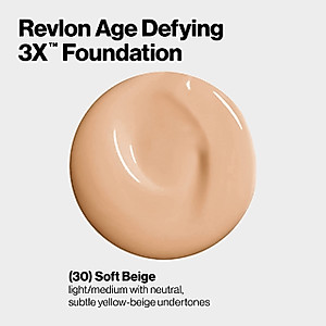 Revlon Liquid Foundation, Age Defying 3XFace Makeup, Anti-Aging and Firming Formula, SPF 30, Longwear Medium Buildable Coverage with Natural Finish, 030 Soft Beige, 1 Fl Oz