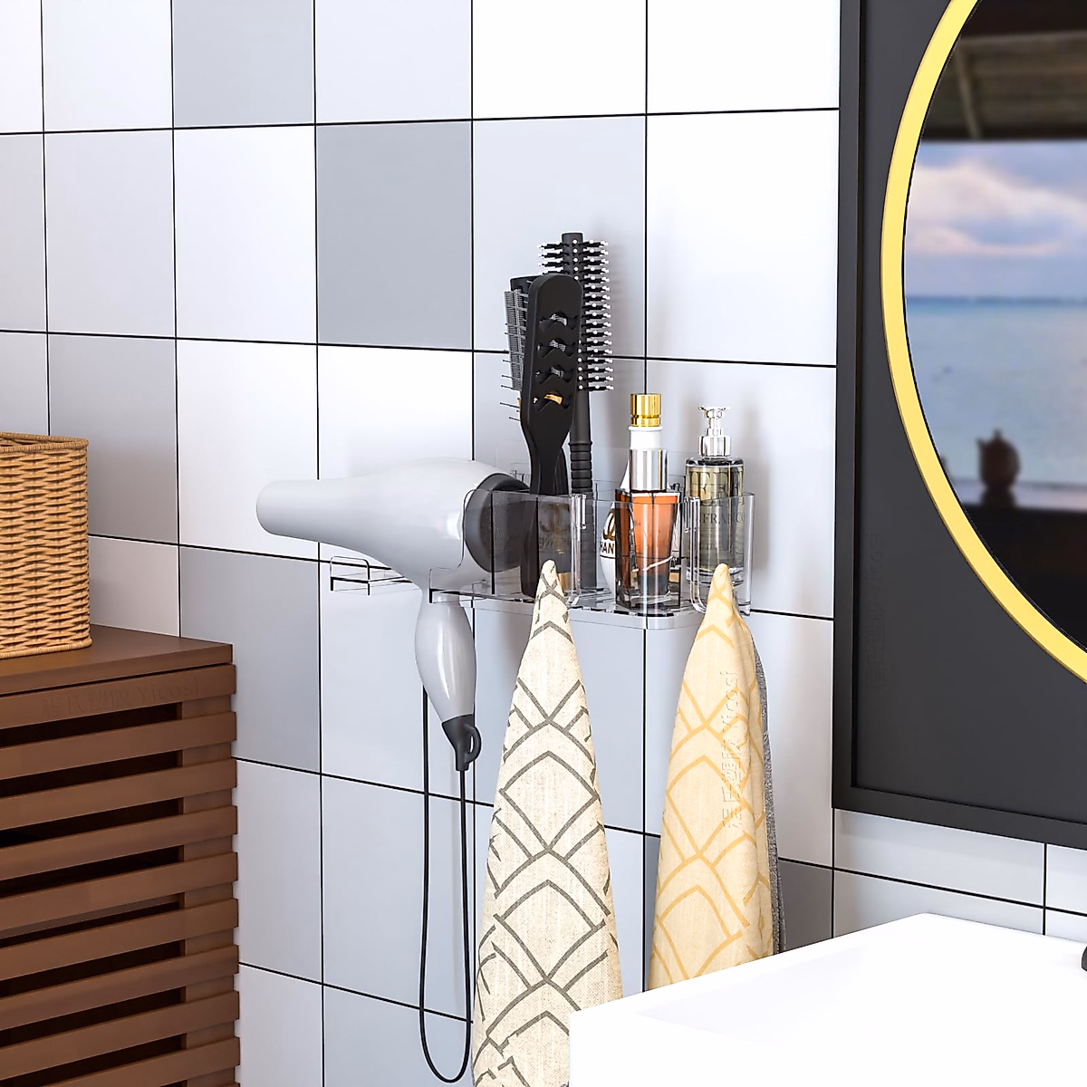 Clear Hair Dryer Holder, Blow Dryer Hanger Wall Mounted for Hair Dryer Hook with Plug&Cord Organizer Self Adhesive for Cabinet Door and Bathroom Organizer and Storage,Pack of 1