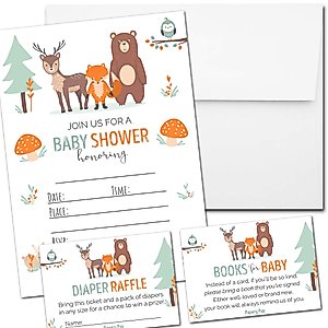 Set of 25 Baby Shower Invitations for Boy or Girl with Envelopes, Diaper Raffle Tickets and Baby Shower Book Request Cards - Gender Neutral Woodland Animals