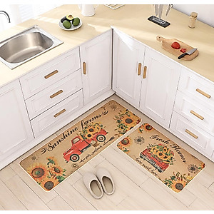 INFISIBLE Sunflower Kitchen Rugs Farmhouse Style Sets of 2 Yellow Sunflower Red Truck Kitchen Farmhouse Decor Summer Kitchen Floor Linen Rugs and Mats Non Slip Washable, 17x29 and 17x47 Inch