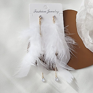 Jemant White Feather Earrings For Women Boho Style Long Faux Pearl Tassel Chain Cubic Zirconia Dangle Drop Aesthetic Elegant Black Feather Earrings For Bride Mothers Wife (White)