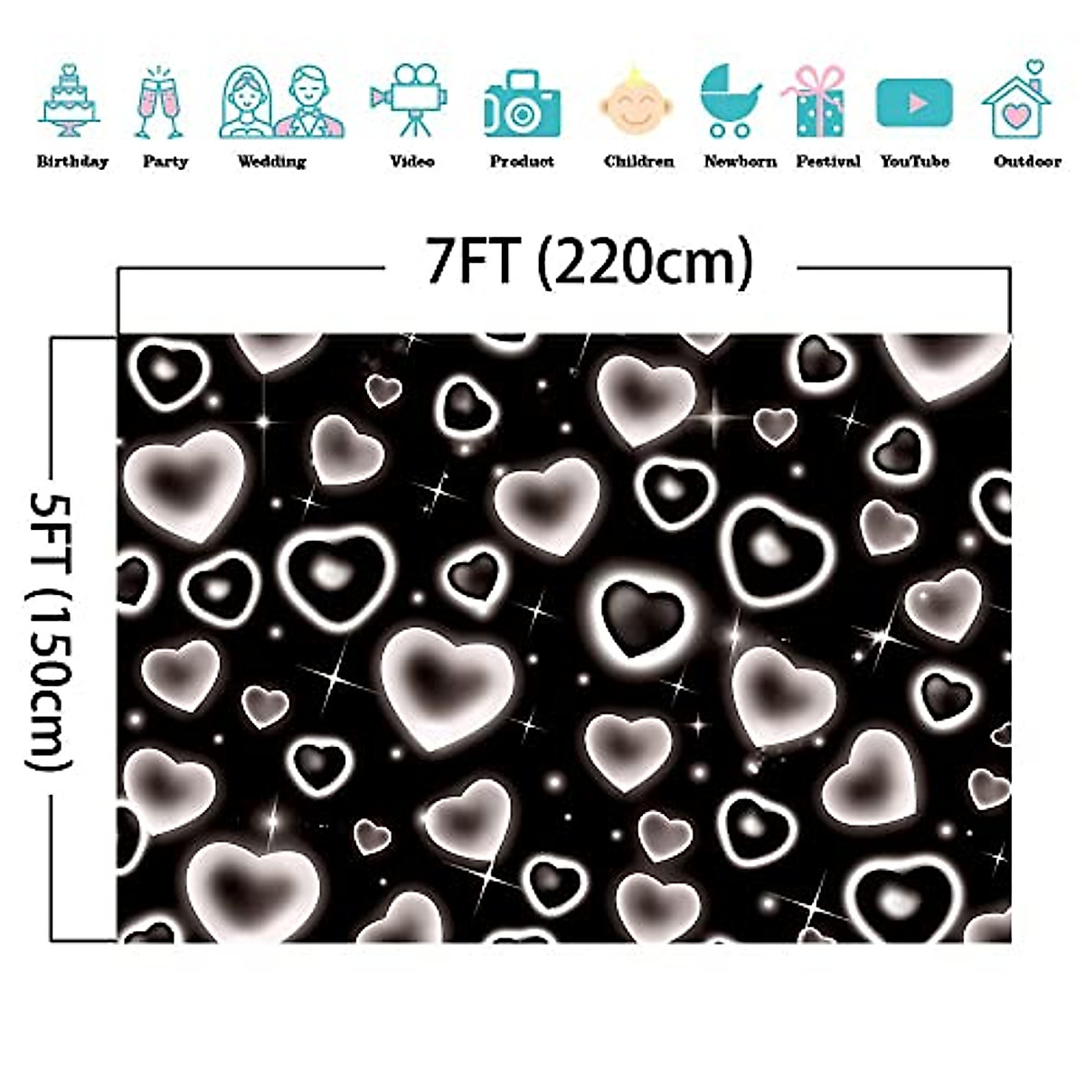 VOUORON 7x5ft Early 2000s Backdrop for Black Heart Party Photography Backdrops Glitter Heart Sweet 16 Happy Birthday Photo Background Wall Decor Valentines Day Photoshoot Banner