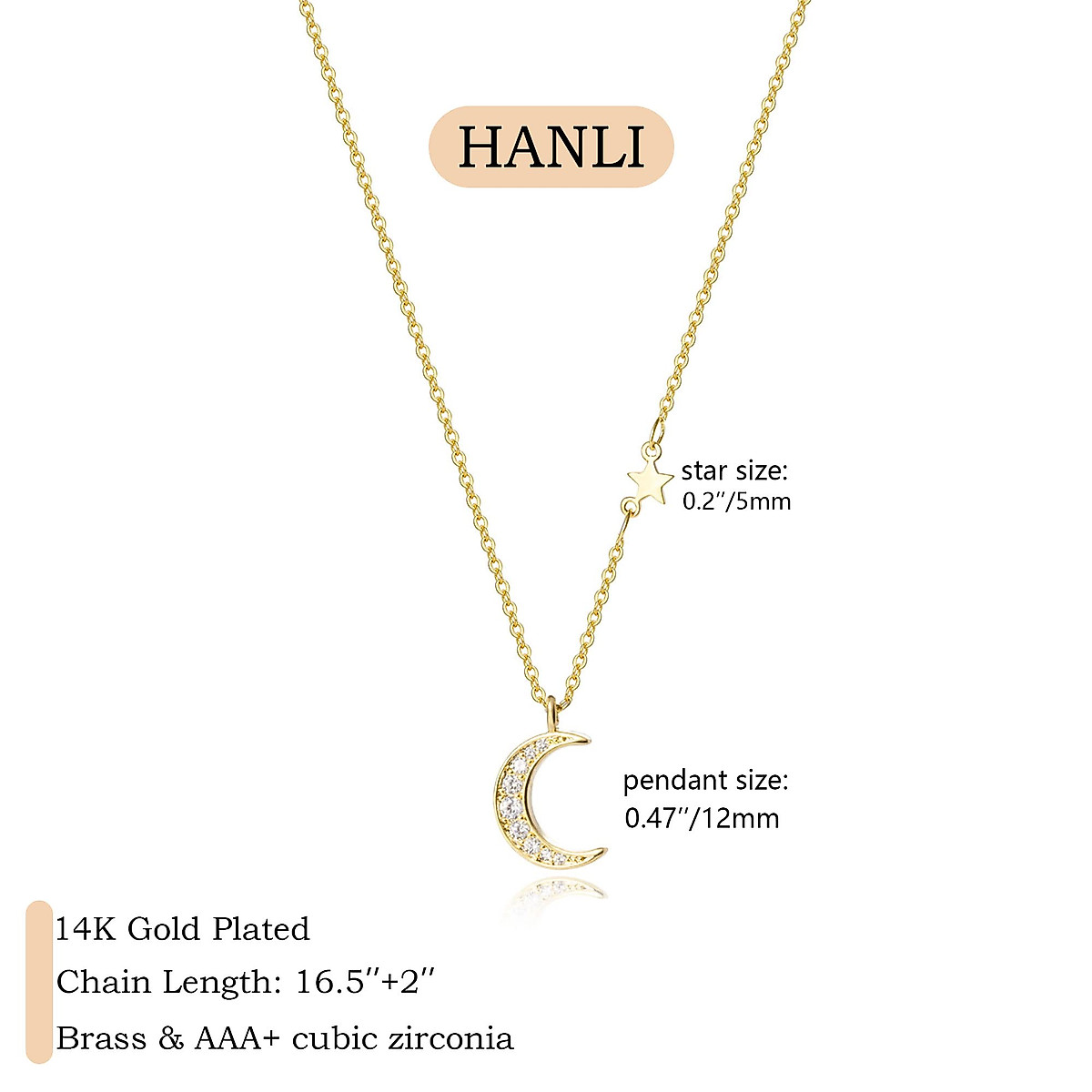 HANLI 14K Gold Plated Moon and Star Necklace for Women - Dainty Gold Jewelry for Women
