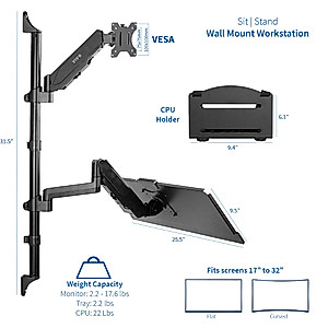 VIVO Black Sit-Stand Height Adjustable Pneumatic Spring Arm Keyboard, Monitor, CPU Wall Mount for 1 Screen up to 32 inches STAND-SIT1BW