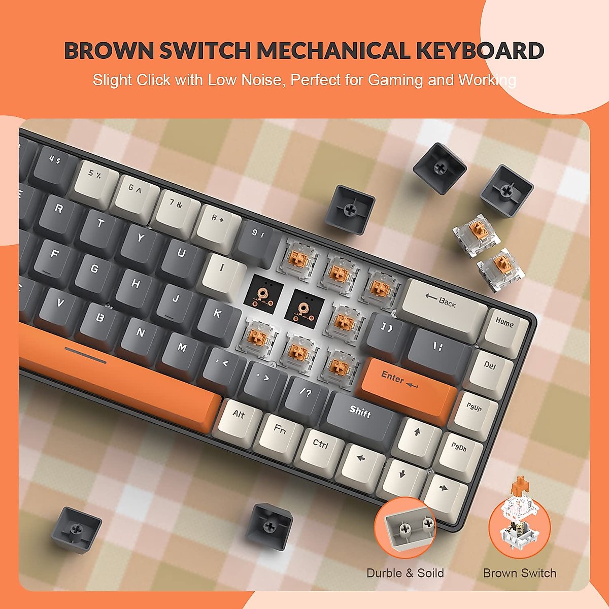 ZIYOU LANG RK-T8 Wired 65% Mechanical Gaming Keyboard with RGB LED Backlit Anti-ghosting TKL Mini 68 Key Custom Coiled C to A Cable Tactile Brown Switch for PS4 PS5 Xbox PC Mac Gamer(White/Dark Gray)