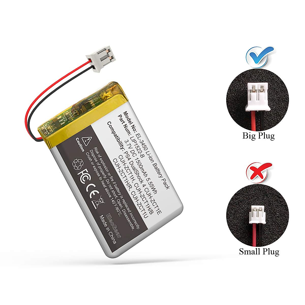 ElecGear 1PC Replacement Battery Pack for PS4 Controller V1-3, 1500mAh Li-ion Rechargeable Battery for PlayStation 4 DualShock CUH-ZCT1 Series LIP1522 with Big Plug, Repair Tool Kit Included