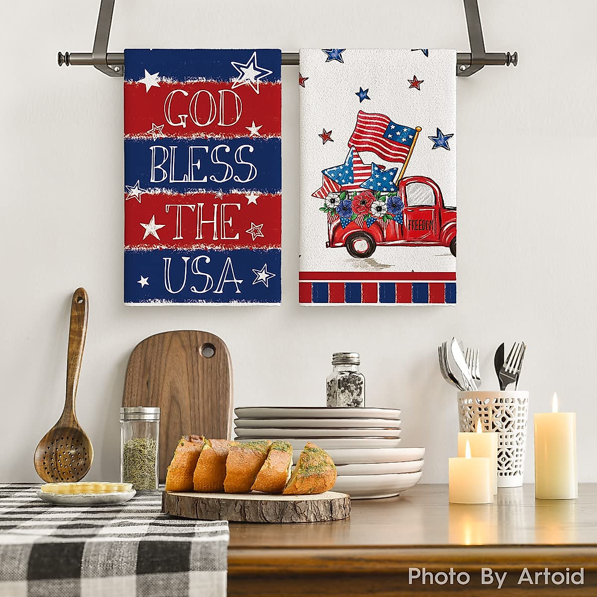 Artoid Mode American Flag Stars Stripes Truck 4th of July Kitchen Towels Dish Towels, 18x26 Inch Patriotic Liberty Decor Hand Towels Set of 4