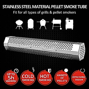 Smoke Tube, OTVAFAVA Upgraded Detachable 12'' Smoke Tube with Cap for Pellet Grill, Stainless Steel Hexagon BBQ Wood Pellet Smoker Tube for Any Grill or Smoker, Hot or Cold Smoking, Easy to Clean